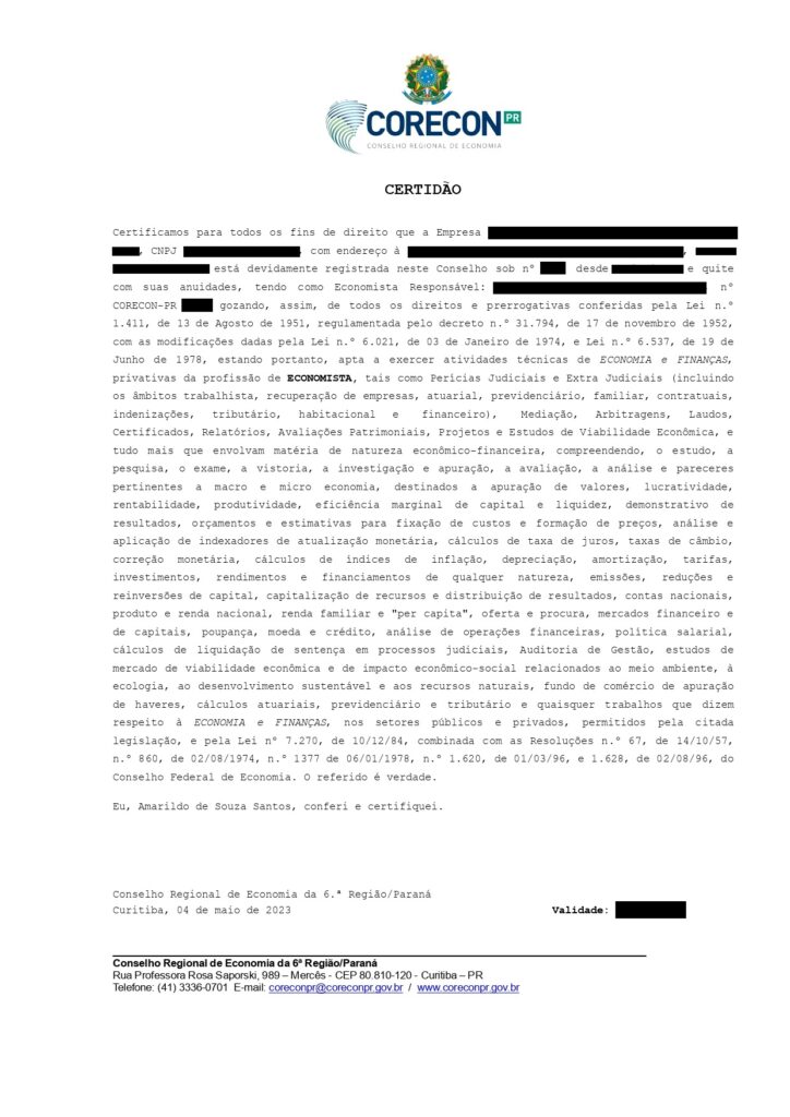 Certidão de Regularidade Detalhada PJ | Corecon PR